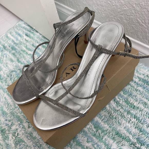 Zara | Shoes | Zara Silver Strapped Ankle Heels New With Box Size 5 ...